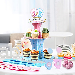 Gender Reveal Party Cupcake Stand Decorations, Blue and Pink 3 Tier Baby Shower Cupcake Toppers Tower Cardboard Supplies for Boy Girl Baby Gender Reveal Birthday Party Favors