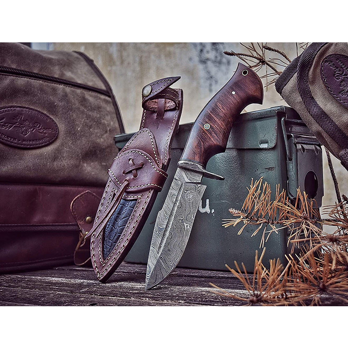 BIGCAT ROAR Handmade Damascus Hunting Knife - Bushcraft Fixed Blade Hunting Knife with Sheath and Walnut Wood Handle - 10″ EDC Skinning Knife - Beast Hunter