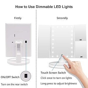 WEILY Tabletop Mount Makeup Mirror with 21 LED Lights,Two Power Supply, Touch Screen and 1x/2x/3x Magnification Tri-Fold Vanity Mirror, Gift for Women(White)