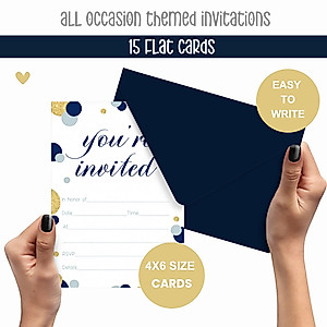 Navy and Gold Invitations with Envelopes (15 Pack) All Occasion Invites for Boys Baby Shower, Graduation, Birthday, Retirement, Luncheon – Royal Theme Abstract Dot – Blank 4x6 Card Set Printed