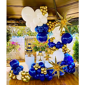 Royal blue and Gold balloon Garland Arch Kit 156Pcs Blue Gold white Starburst balloons for Wedding prince Baby shower for Boy Men birthday decorations Graduation Ceremony supplies