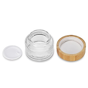 1.7 OZ/50 ML Clear Round Glass Jars with Bamboo Wood lids and Inner Liners, Travel Glass Jars, Refillable Cosmetic Containers for Lip Balm, Ointments, Lotion, Makeup, Eyeshadow, Slime, Paint and