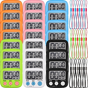 24 Packs Small Digital Kitchen Timer Magnetic Back and Switch Minute Second Count up Countdown Big LCD Display Loud Alarm for Teacher Cooking Baking Kids