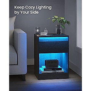 VASAGLE Nightstand with Charging Station, Side End Adjustable LED Lights, Bedside Table with Drawer 2 AC Outlets, 2 USB Ports, Modern, for Bedroom, 13.7" D x 15.7" W x 21.7" H, Black