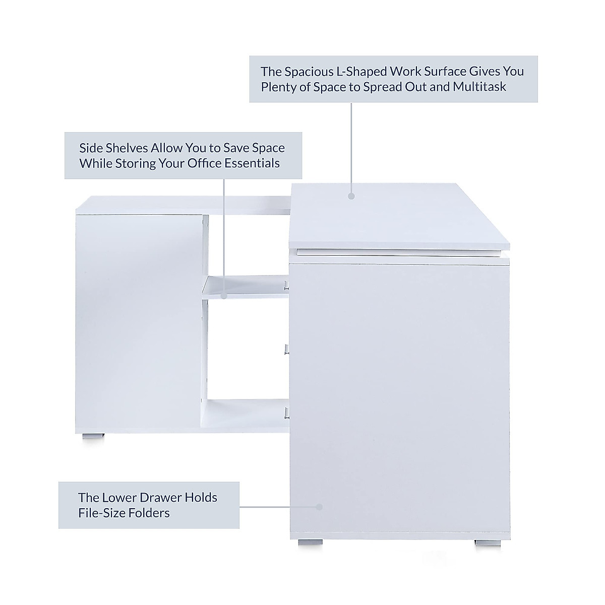 BELLEZE L Shaped Computer Desk, 60” Study Writing Table Home Office Desk Morden Corner Workstation Setup with Adjustable Storage Shelves and 3 Drawers, White