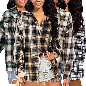 Womens Flannel Plaid Shirts Oversized Collared Business Casual Button Down Shirts Blouse Tops