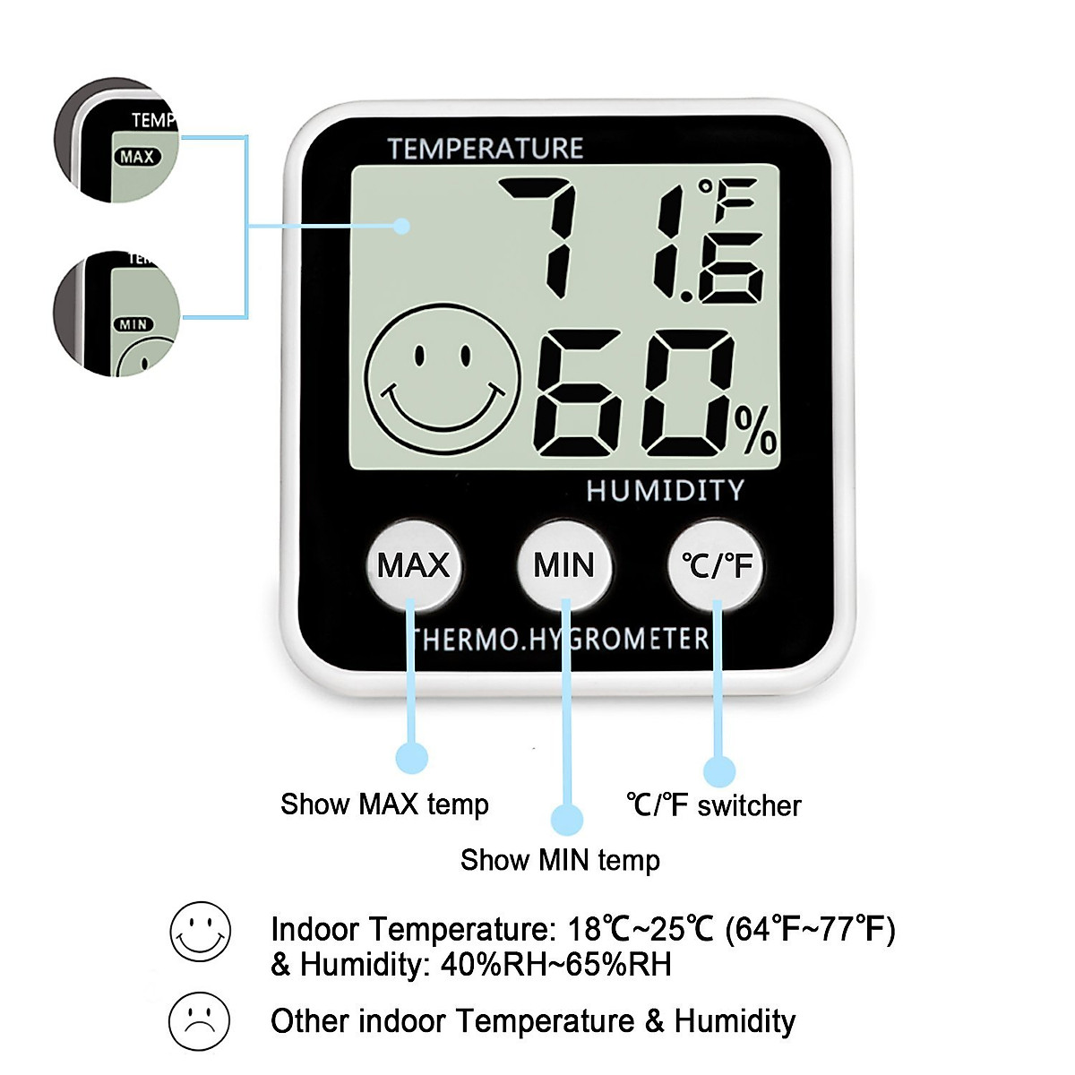 SoeKoa Digital Thermometer Indoor Hygrometer Humidity Meter Room Temperature Monitor Large LCD Display Max/Min Records for Home Car Office