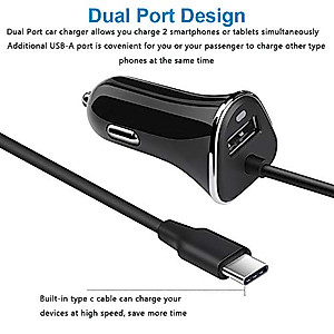 Type C Car Charger, 3.4A Fast Charging USB Car Adapter with 3ft USB C Cable for Samsung Galaxy S23 S22 S21 S20 S10 Note 20 A54 A14 A03S A13 A53 A23 A12 A32 A51,LG Stylo 6 5 4,Pixel 7 Pro 6a 6 5 4 3a