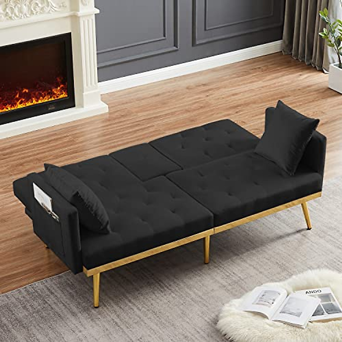 Futon Sofa Bed with Cup Holder, JEEOHEY 69" W Convertible Sleeper Sofa with 6 Metal Golden Legs & 2 Pillows & 2 Pockets, Small Loveseat Sofa w/Split back for Living Room, Apartment, Small Space, Black