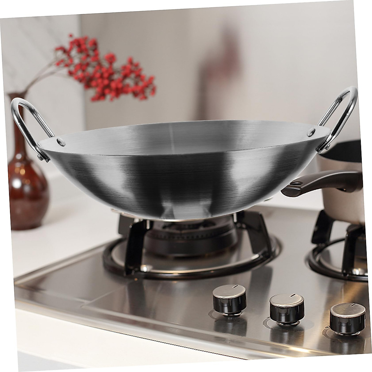 EXQUIMEUBLE Traditional Wok Jaese Bbq Round Baking Outdoor Traditional Chinese Stir Fry Stovetop Fryer Silver Premium Gadget Stainless Steel Wok Pot