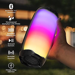 Merkury Innovations Thrill Bluetooth Speakers with Color Changing Lights, Battery Powered, Weatherproof, Play FM Radio or Bluetooth Music, Loud Sound & Enhanced Rich Bass