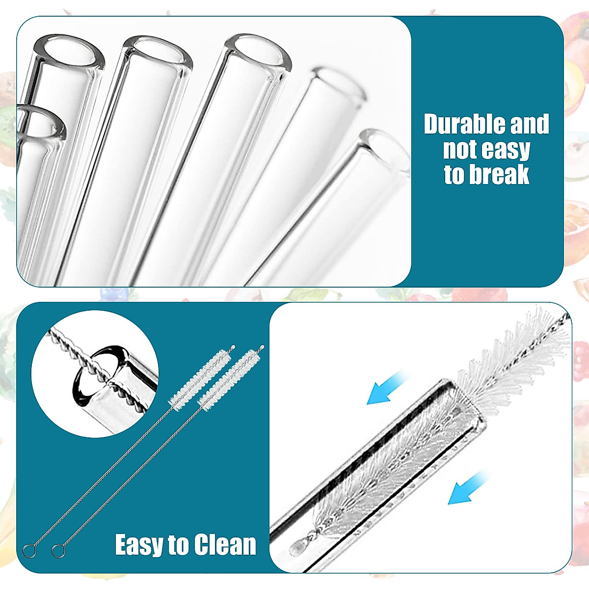 5/6Pcs Reusable Glass Straws, with 2 Cleaning Brushes, Clear Cute Butterfly Cherry Mushroom Straws Heat-Resistant Glass Straws for Smoothies Tea Juice Milkshakes Dishwasher Safe (Mushroom)