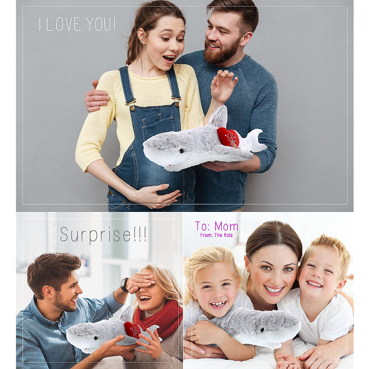 DolliBu I Love You Valentine Plush Big Eye Great White Shark - Cute Stuffed Animal with Red Heart and Name Personalization Gift for Valentines Day, Birthday, Anniversary, Romantic Date - 23 Inches