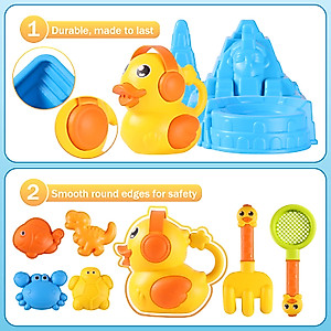 FENYAN Beach Toys for Kids, 22Pcs Toddler Sand Toys Includes Beach Bucket, Sand Castle Kit, Duck-Shape Watering Can, Sand Spade, Shovel, Rake, Sieve, Dinosaur Sand Molds for Preschool Boys Girls