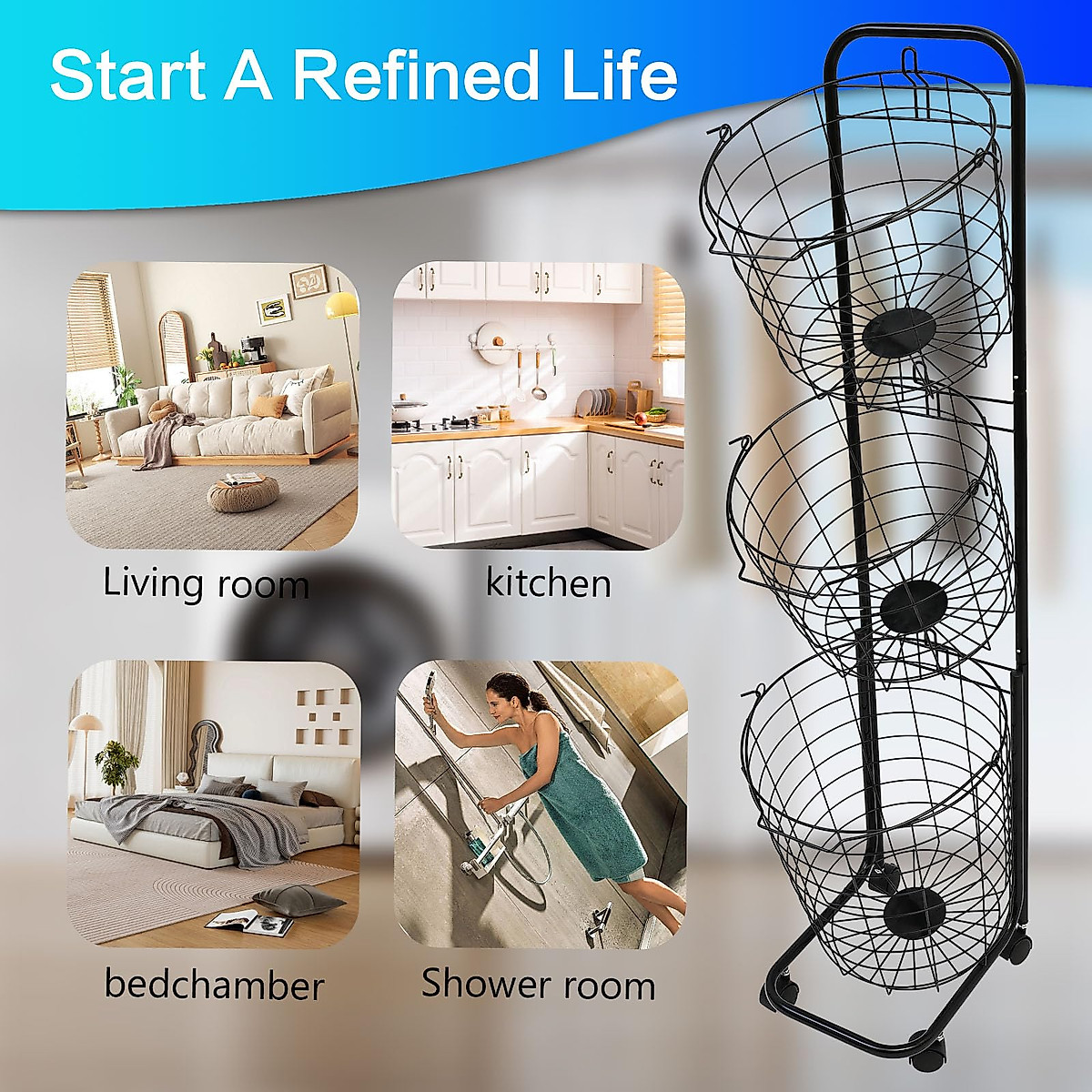 BAOKALER Removable 3 Tier Metal Rolling Laundry Basket Cart,Large Capacity Wire Basket Laundry Hamper with Wheels, Laundry Butler for Bathroom Bedroom Laundry Room