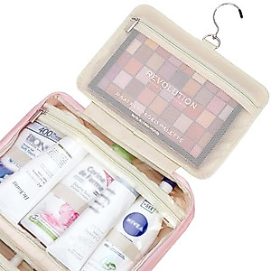 FINDCOZY Extra Large Toiletry Bag with Hanging Hook, Travel Makeup Case for Women, Cosmetic Organizer for Toiletries, Full-Sized Bottles, Beauty, Pink