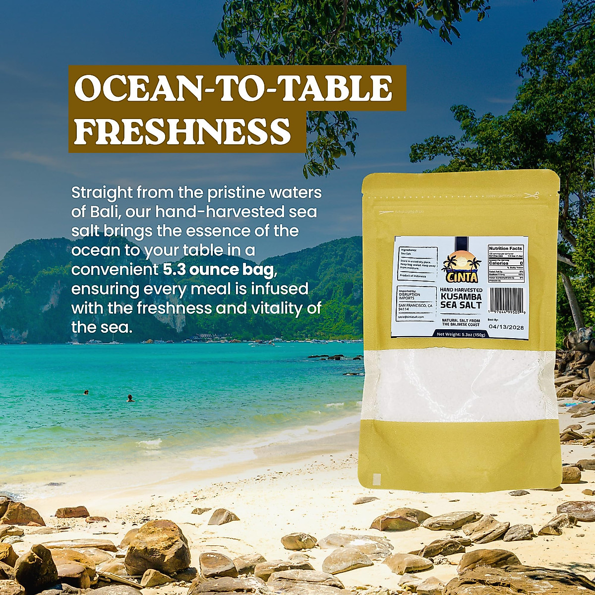 Cinta - Balinese Kusamba Sea Salt, Hand-Harvested Sea Salt from Bali, All-Natural Small Crystal Sea Salt With No Additives or Refining, Natural Salt for Cooking, Snacks, and More, 5.3 oz