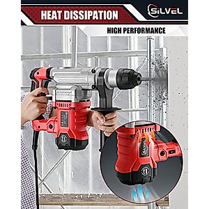 SILVEL 1-1/4 Inch SDS-Plus Hammer Drill, 13 Amp 1500W Rotary Hammer Drill, Heavy Duty Drill with 4 Functions, Demolition Hammer with 3 Drill Bits, Flat Chisels, Point Chisels