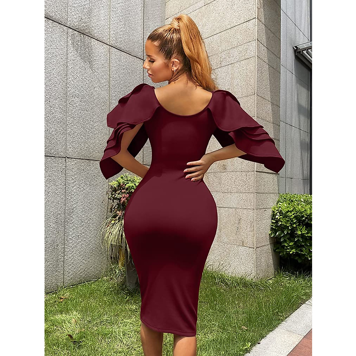 DAAWENXI Women's Elegant Ruffle Off The Shoulder Zipper Empire Midi Cocktail Dress WineRed