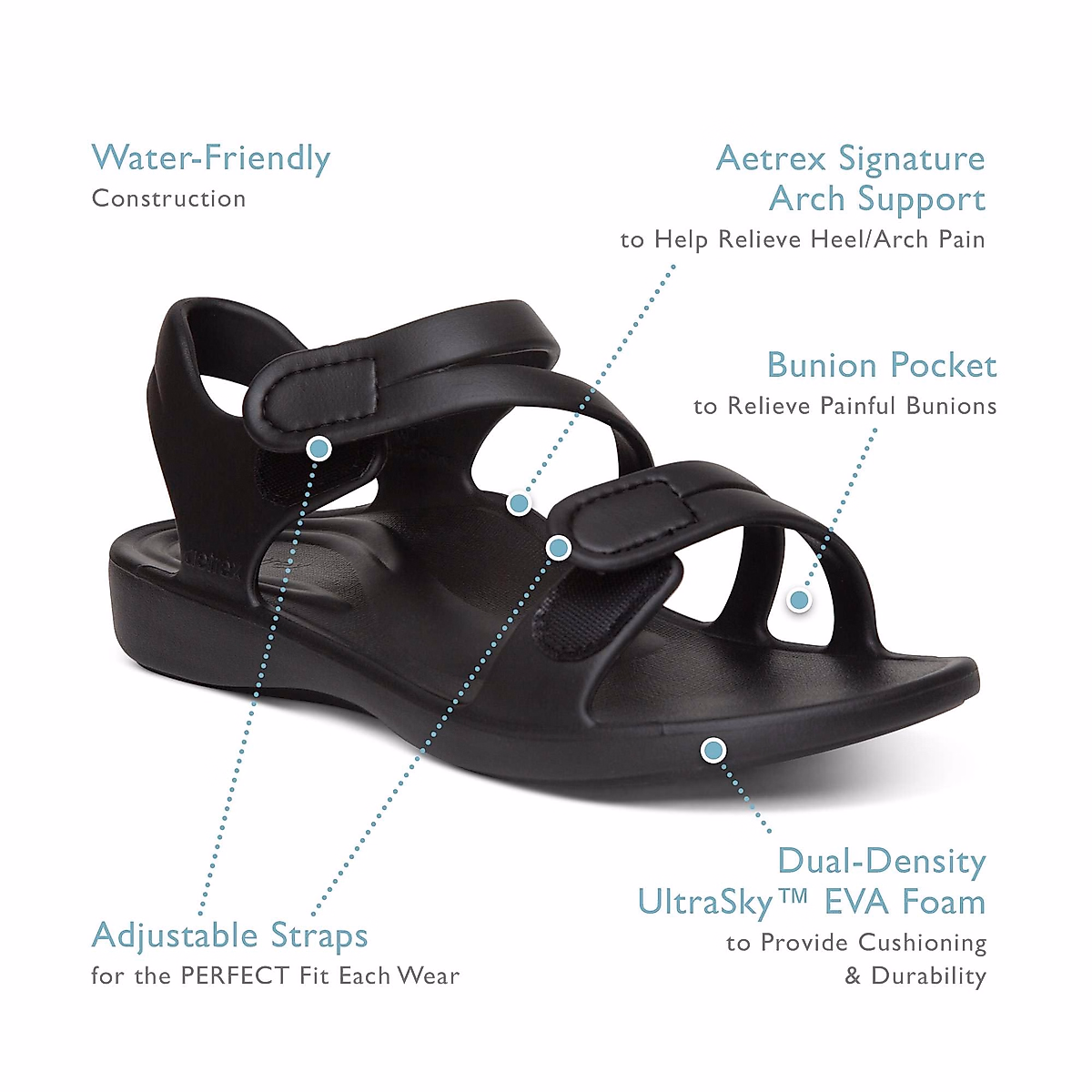 Aetrex Jillian Water-Friendly Sport Sandals for Women - Adjustable Strap Comfort Womens Sport Sandals for Beach Summer