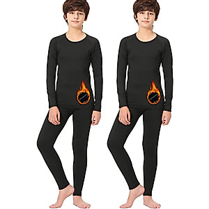 Rolimaka 2 Pack Youth Boys' Thermal Underwear Set Fleece Lined Compression Shirt Leggings Sports Tights Pants Big Kids' Base Layer S