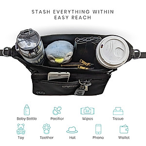 Lulyboo Universal Baby Stroller Organizer with Clip On Removable Wallet, Pockets for Drinks, Toys, Keys Gray/Black