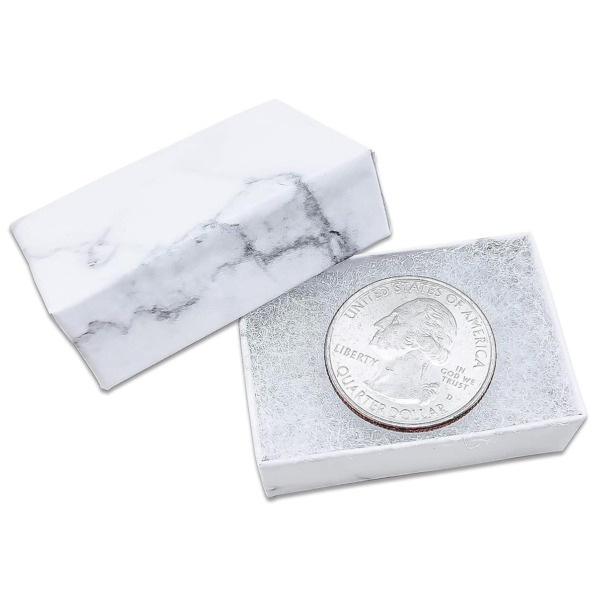 TheDisplayGuys 100-Pack #10 Cotton Filled Cardboard Paper Jewelry Box Gift Case - Marble White (1.9" x 1.3" x 0.7")