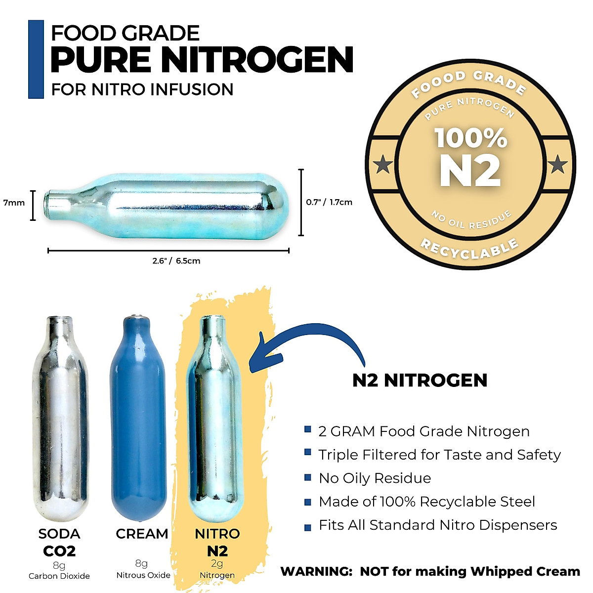 ICO 30pcs Nitrogen Cartridges N2 Cartridges for Nitro Coffee Cold Brew Non-threaded Nitrogen Chargers, 2g