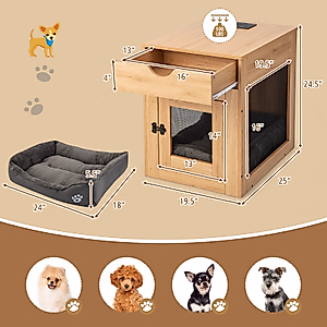 Giantex Dog Crate Furniture, Wooden Dog Kennel End Table with Removable Cushion, Storage Drawer, Latched Door, Wireless and Wired Charging, Furniture-Style Crate Side Table (Wood Color)