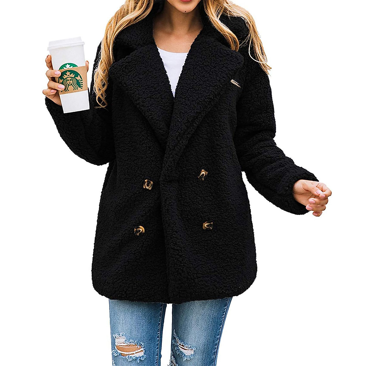 PRETTYGARDEN Women's Fashion Winter Coat Sherpa Fleece Faux Fur Shearling Oversized Trendy Jackets Warm Outerwear (Style Two Black,X-Large)