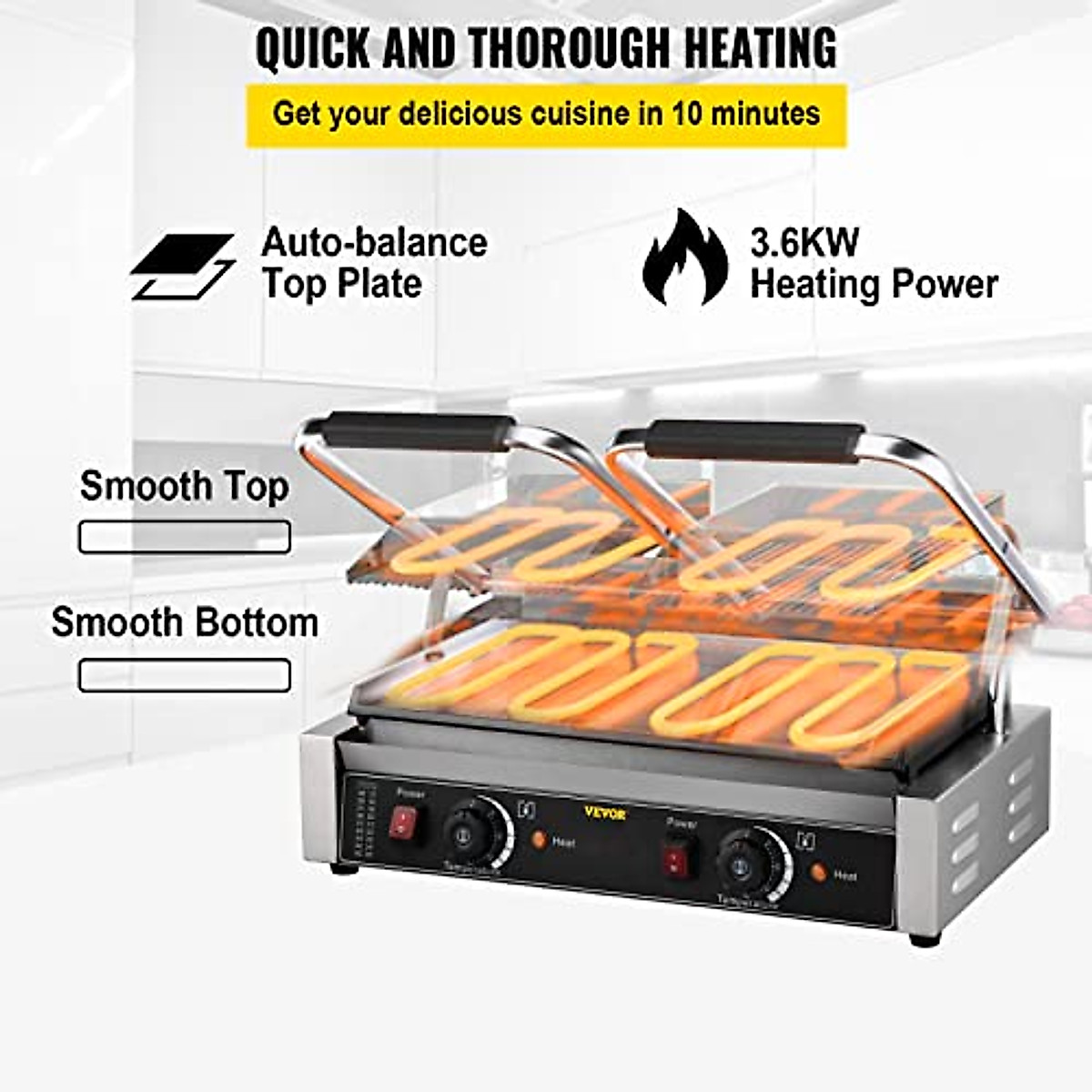 Happybuy Commercial Sandwich Panini Press Grill, 2X1800W Double Flat Plates Electric Stainless Steel Sandwich Maker, Temperature Control 122°F-572°F for Hamburgers Steaks Bacons