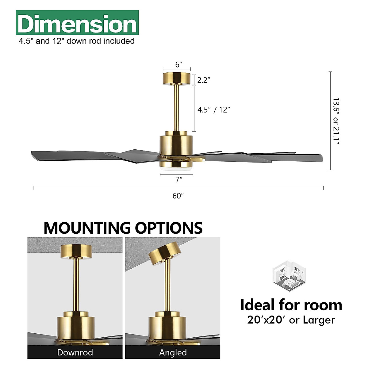 WINGBO 60" DC Ceiling Fan with Lights and Remote Control, Gold and Black Ceiling Fan, 8 Plywood Blades, 6-Speed Reversible DC Motor, Modern Ceiling Fan Indoor for Kitchen Bedroom Living Room