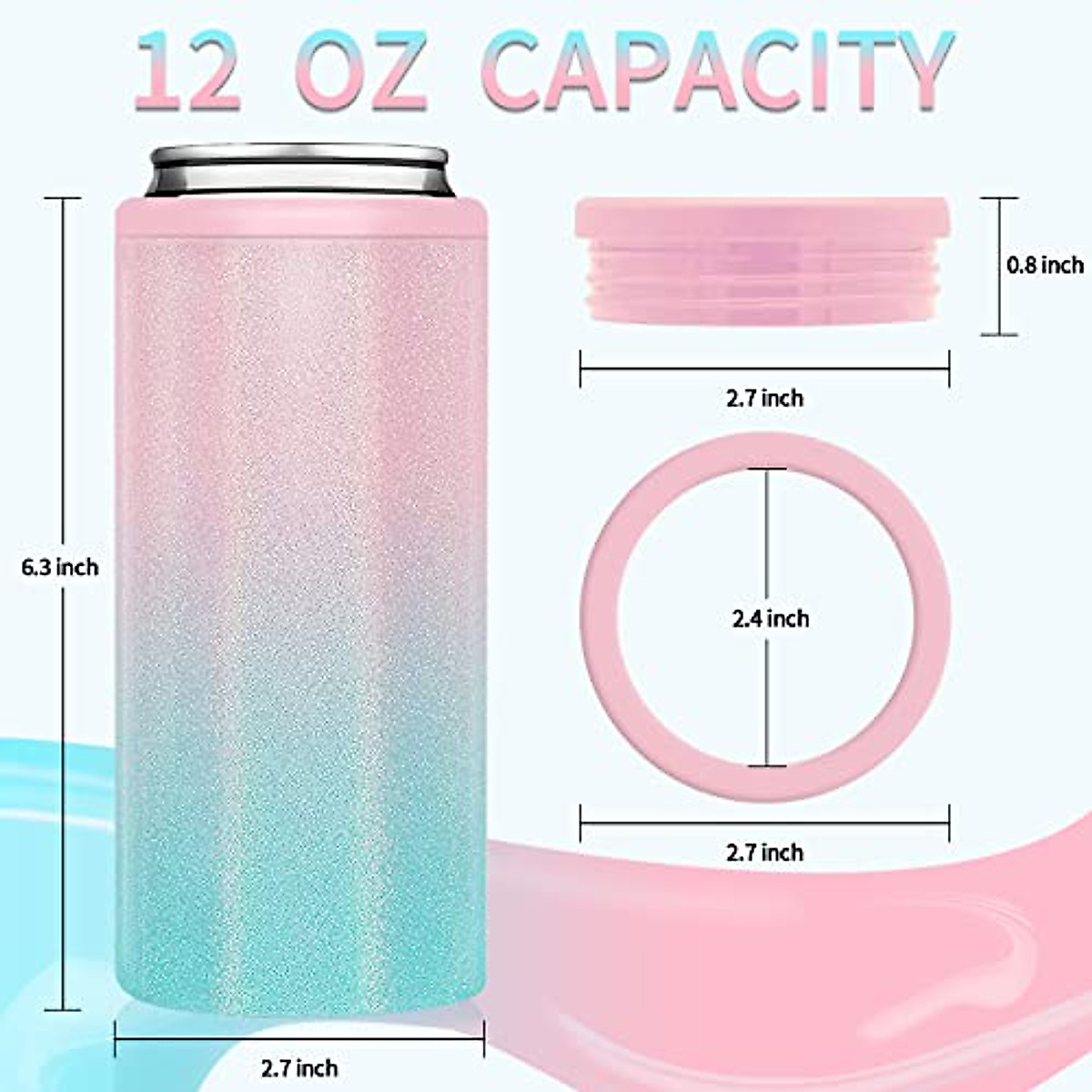 Fanfeigo Slim Can Cooler for Skinny Beer Beverage Stainless Steel Double Wall Vacuum Insulated Drink Holder for 12 oz Regular or Slim Cans & Bottles Cooler (Shiny Pink-Blue)
