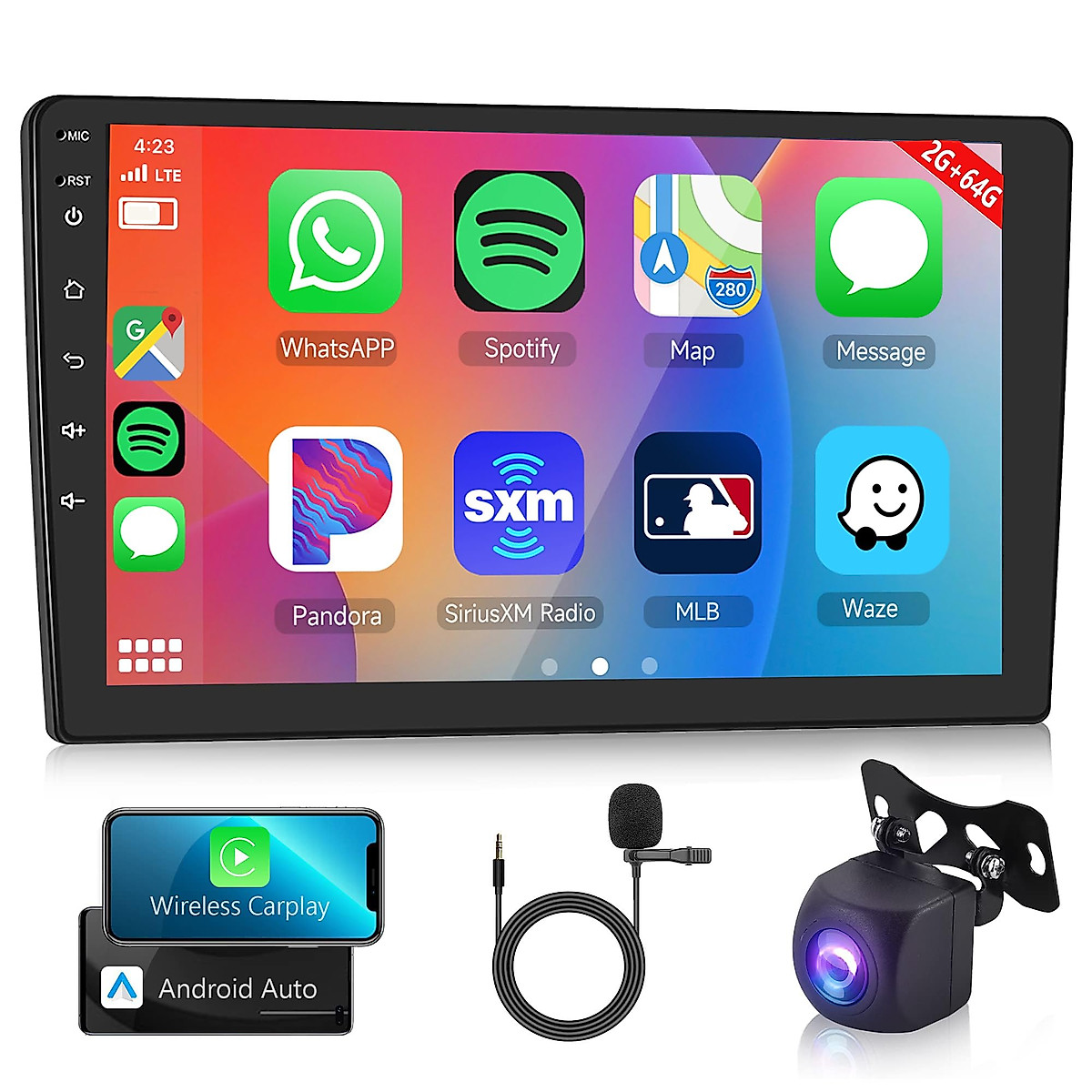 2G 64G Android Double Din Car Stereo with Apple Carplay, Rimoody 10.1 Inch Touch Screen 2 Din Car Radio with GPS Navigation Bluetooth FM HiFi WiFi Android Auto + AHD Backup Camera