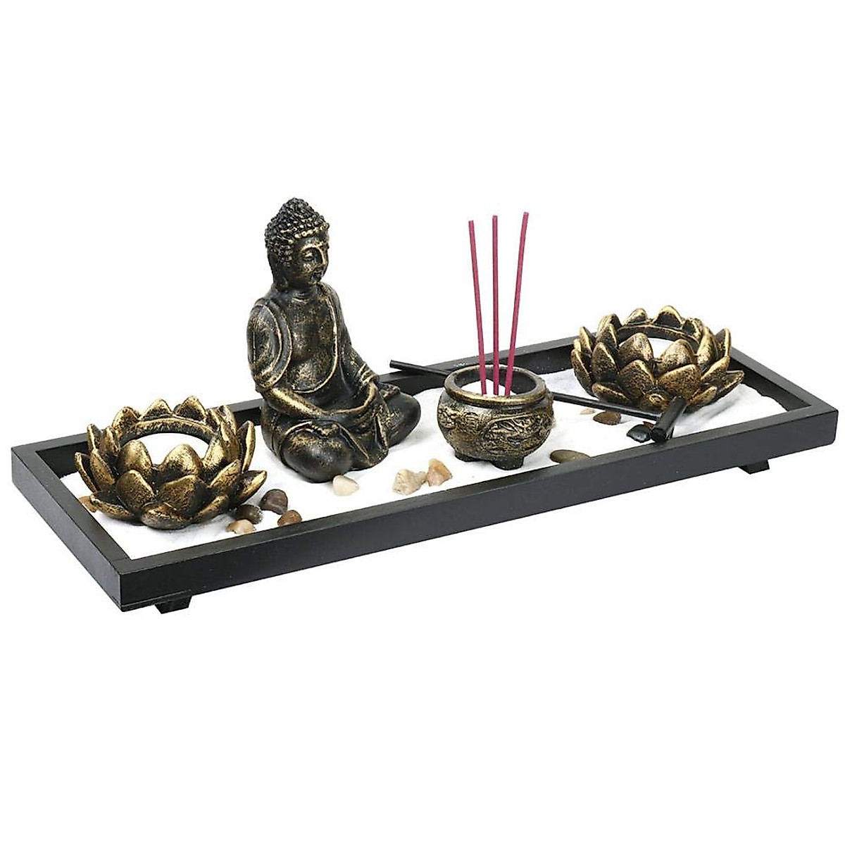 Mini Zen Garden Buddha Statue Incense Sticks Burner Holder with Glass Tealight Candle (Zen-38x15x12cm)