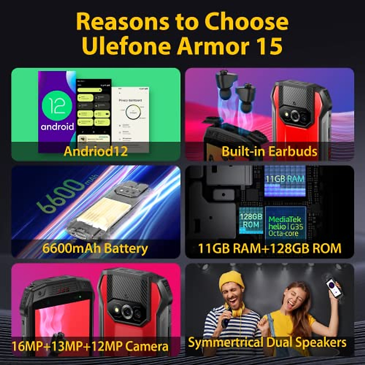 Ulefone Rugged Smartphone, Armor 15 Rugged Phone Built in TWS Earbuds, 11GB+128GB, 6600mAh, Android 12, 13MP Wide-Angle Lens, 16MP Front Camera, NFC, Headset-Free, Face Unlock + Fingerprint ID, Red