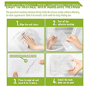 JJunLiM Acrylic shower organizer, Adhesive Clear Acrylic shelves for bathroom Organizer,Transparent No Drilling Wall Mount Shower Rack Storage with Soap Holder and Hooks (Transparent, Long,set of 4)