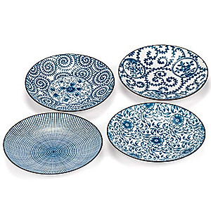 Foraineam Set of 4 Blue and White Porcelain Serving Plates Floral Dinner Shallow Plates Appetizer Salad Dessert Snack Plate Set