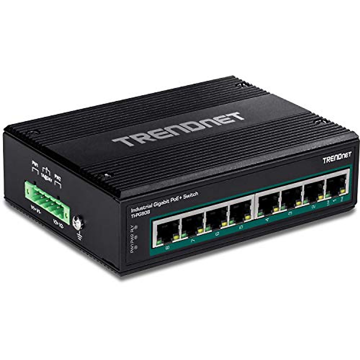 TRENDnet 8-Port Hardened Industrial Unmanaged Gigabit 10/100/1000Mbps DIN-Rail Switch w/ 8 x Gigabit PoE+ Ports, TI-PG80B, 24 – 56V DC Power inputs with Overload Protection, Lifetime Protection