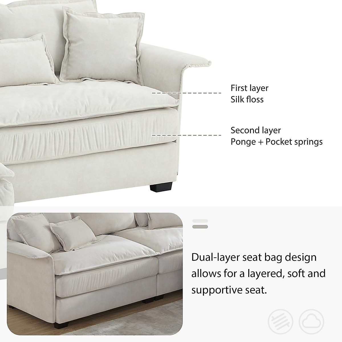 Tmsan 95" L Shaped Sectional Sofa with Ottoman, 3 Seat Cloud Couch with Double Cushions & Bentwood Armrests, Deep Seat Couches for Living Room, Beige Tech Cloth