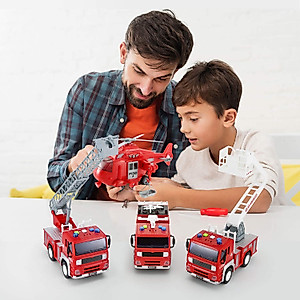 KeepRunning 4 Pack Friction Powered City Fire Rescue Vehicle Truck Car Set Including Helicopter, Boom Lift Truck,Ladder Fire Truck, and Fire Engine, with Light and Sounds/Sirens