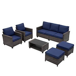 RoyalCraft 4 Piece Outdoor Patio Furniture Set, All-Weather Rattan Wicker Sectional Sofa Set with Glass Coffee Table, Outdoor Conversation Set for Balcony Backyard Porch, Blue Cushion
