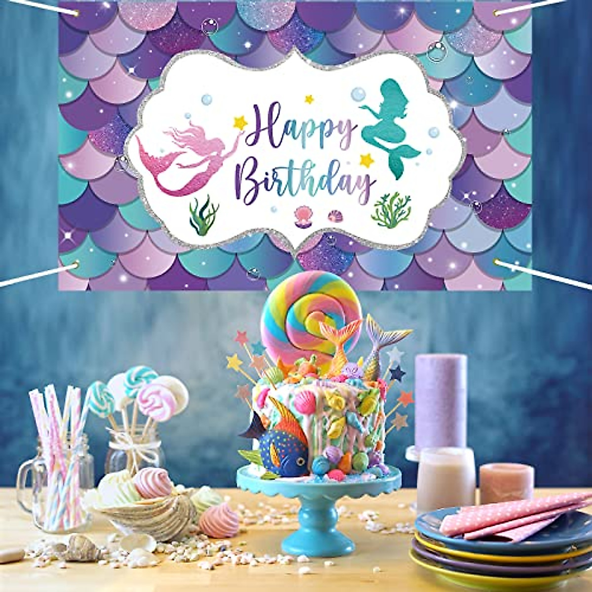 6x3.6ft Mermaid Backdrop for Girls Birthday Mermaid Birthday Banner Mermaid Birthday Party Decorations Photography Background