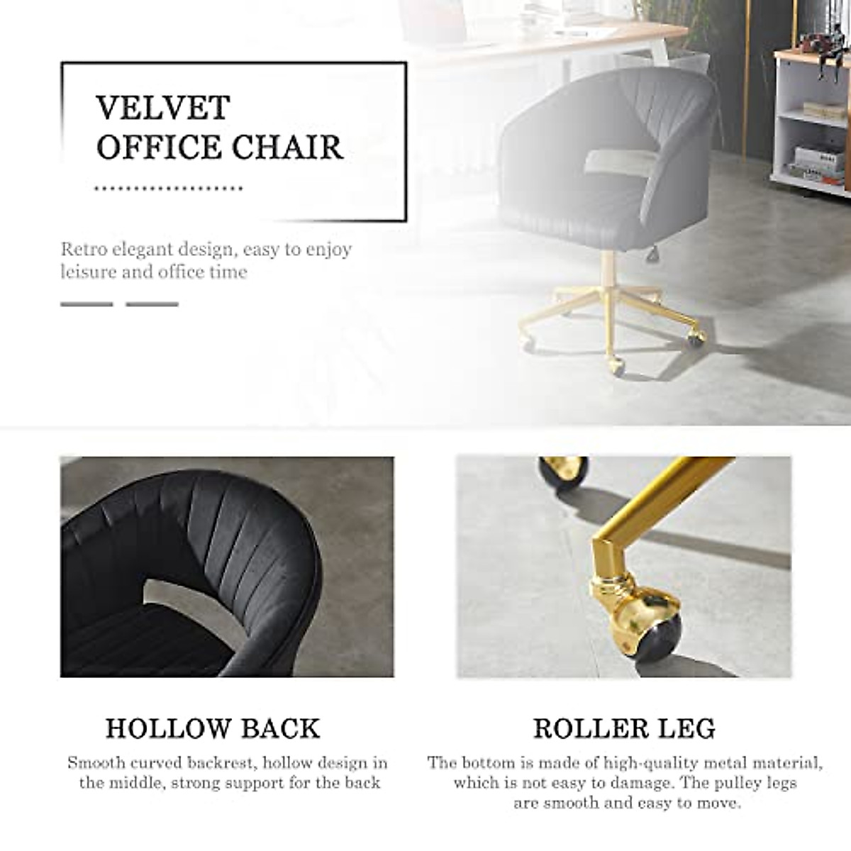 Kiztir Velvet Home Office Chair, Modern Swivel Desk Chair with Gold Base, Round Solid Wheel, Adjustable Vanity Chair for Study, Living Room, Bedroom (Black)