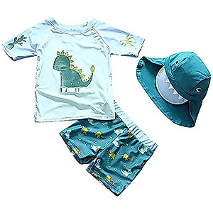 SWMSTUPF Baby Boys Swimsuit Toddler Two Pieces Swimwear Set Dinosaur Bathing Suit Rash Guards with Hat UPF 50+（Dinosaur,18-24Months）