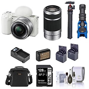 Sony ZV-E10 Mirrorless Vlog Camera with 16-50mm Lens, Black - Bundle with 55-210mm Lens, 128GB SD Card, Shoulder Bag, Mic, Tripod, Extra Battery, Charger, 49mm & 40.5mm Filter Kit, Cleaning Kit