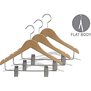 Wooden Junior Combo Hanger with Adjustable Cushion Clips, Box of 24 Flat 14 inch Hangers with Natural Finish, Notches and Chrome Swivel Hook by The Great American Hanger Company
