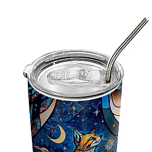 20oz Starry Moonlight Night Fox Tumbler, Gifts for Fox Lovers, Coffee Thermos for Women, Stainless Steel Double Wall Vacuum Insulated Coffee Mug, Travel Cup with Lid