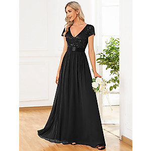 Ever-Pretty Women's Sequin V-Neck line Short Sleeves Empire Waist Maxi Evening Dress Formal Dress Black US12