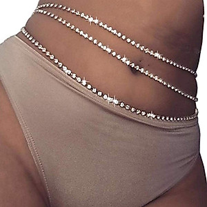 Reetan Boho Crystal Waist Chain Silver Belly Chain Body Chain Rave Body Jewelry Party Nightclub Body Accessories for Women and Girls (Set1-Layered Crystal)